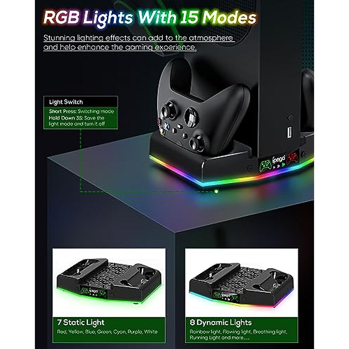 Cooling Stand & Charging Station for Xbox Series S with RGB Light Strip,Dual Charger of Controllers and Cooler Fan for XSS Console Accessories with 2*1400mAH Rechargeable Battery Pack,1*Headphone Hook