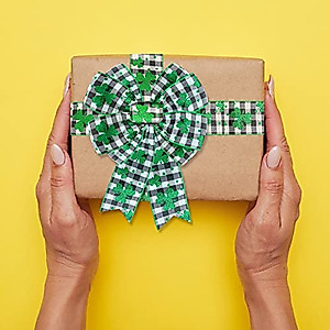 Happy St. Patrick's Day Glitter Lucky Shamrock Checkered Plaid Wired Edge Ribbon Green Clover Fabric Ribbon Ornaments for St. Patrick Decorations Gift Wrapping Party Decorative 2.5"x10 Yard