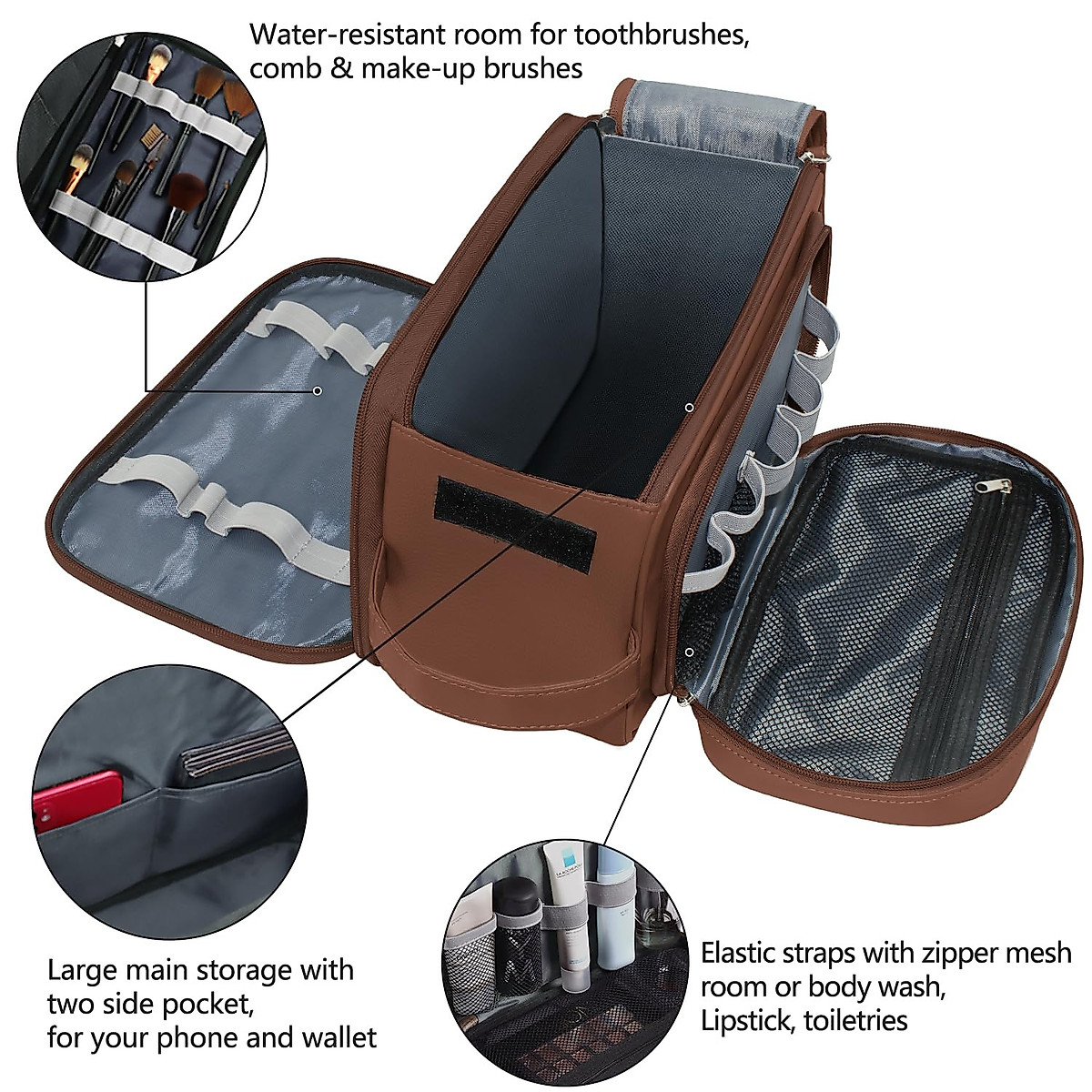 Buruis Extra Large Toiletry Bag for Men, Travel Toiletry Organizer Dopp Kit Water-resistant Shaving Bags, PU Leather Cosmetic Bathroom Shower Bag for Toiletries, Grooming, Accessories (Brown)