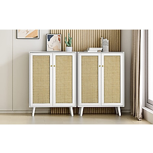 Anmytek Rattan Cabinet, 44" H Tall Sideboard Storage Cabinet with Crafted Rattan Front, Entryway Shoe Cabinet Wood 2 Door Accent Cabinet with Adjustable Shelves White, H0086