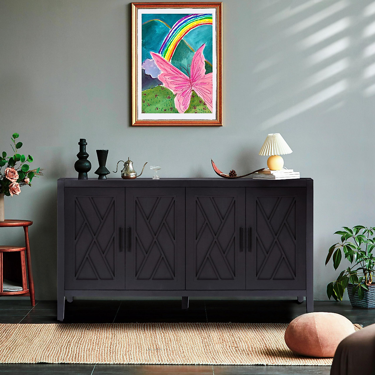 ZSQ Wooden Sideboard Cabinet, American Country Vintage Old Living Room Dining Room Hallway Entryway Cabinet, Solid Wood Buffet Table (Black)