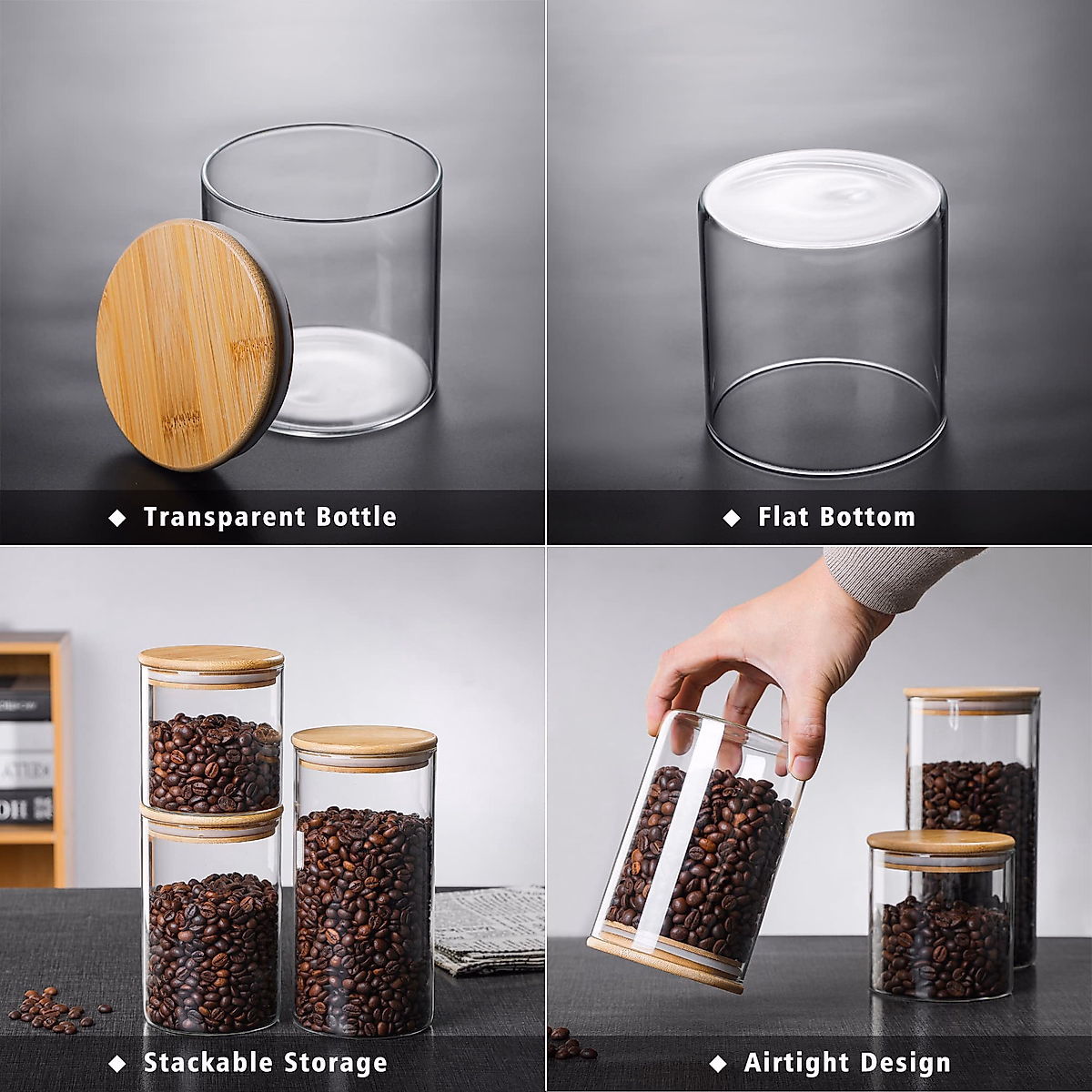 MOLFUJ 550 ML / 18 FL Oz Glass Storage Container with Wood Lid, Stackable Clear Decorative Organizer Bottle Canister Pantry Jar with Air Tight Wooden Lid for Food, Coffee, Candy, Sugar, Salt, Tea