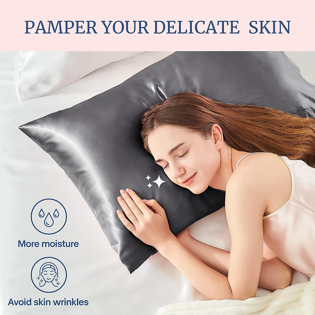 BEDELITE Satin Pillowcase for Hair and Skin, Super Soft and Cooling Similar to Silk Pillow Cases 2 Pack with Envelope Closure, Gift for Women Men(20"x30" Queen Size, Dark Grey)