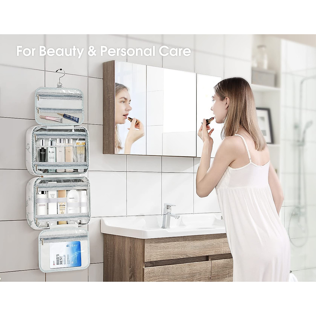 Luxtude Large Hanging Toiletry Bag for Women, Travel Toiletry Bag with Hanging Hook, Waterproof Cosmetic Makeup Organizer for Bathroom Shower Accessories etc.