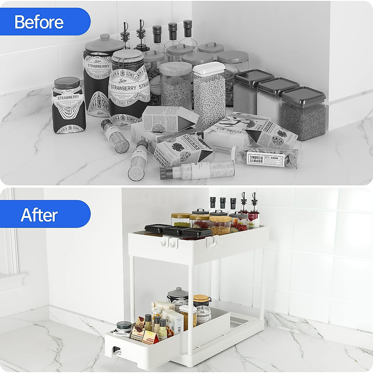 Under Sink Organizers and Storage,2 Tier Under Bathroom Storage Rack with 4 Hooks,Multi-purpose Storage Shelf for Bathroom Kitchen(White)