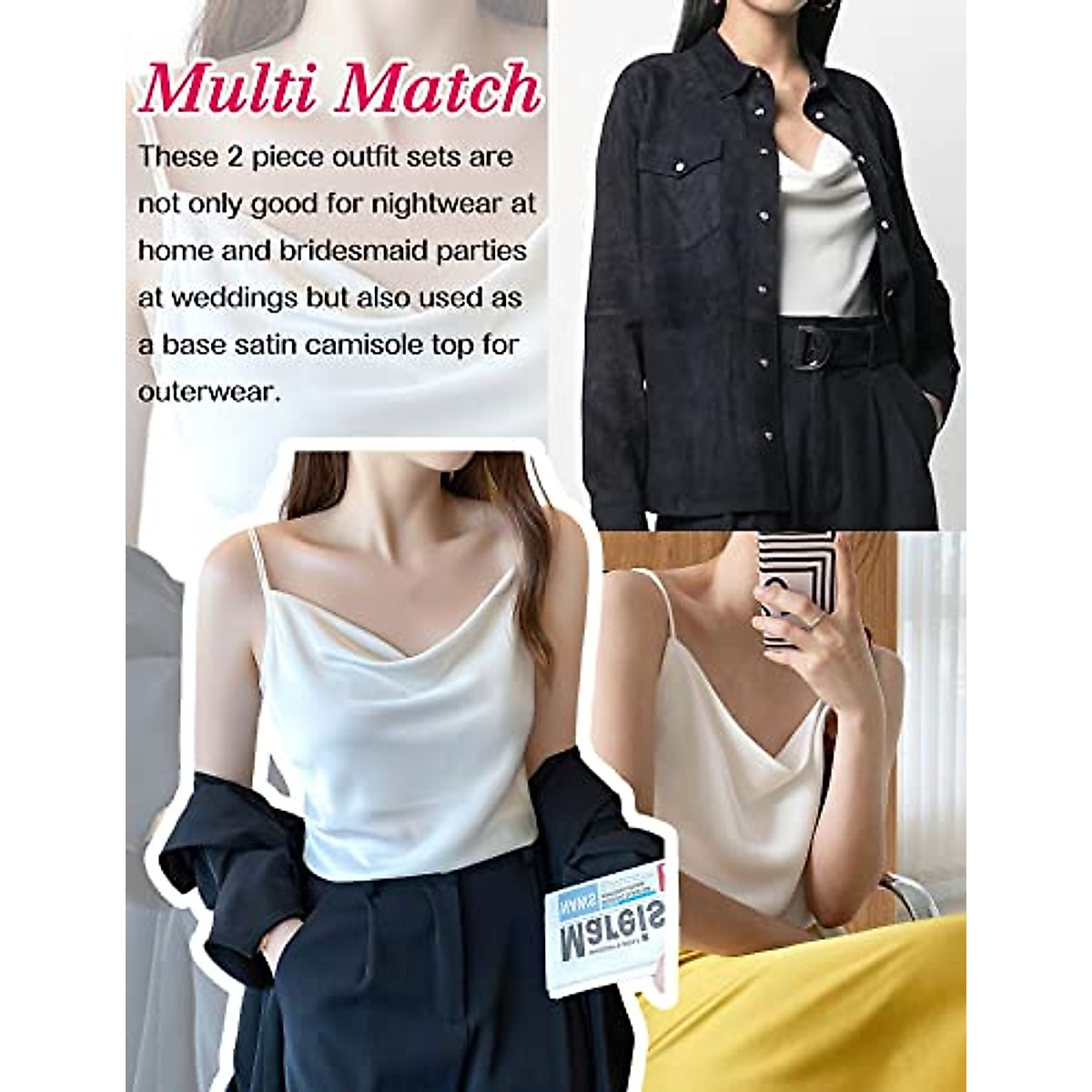 Kwunbwa Women's Sexy Silk Sleepwear Cowl Neck Pajamas Sets Satin Cami Shorts Sleeveless PJ Sets Lingerie, White, Small