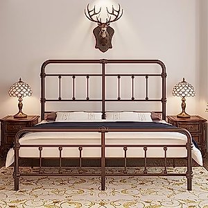 Macbimony Cal-King-Bed-Frame with headboard Giselle-Vintage Antique-Metal - Iron Platform Mattress Foundation,49 inch High,No Box Spring Needed(Brown)
