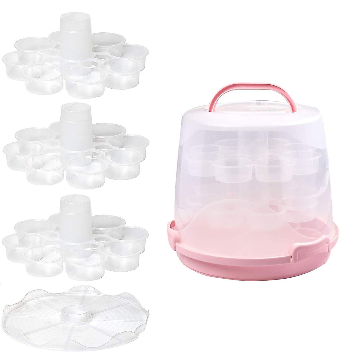 3-Tier Cake Carrier Cupcake Muffin Holder with Collapsible Handles - 11.2", Pink