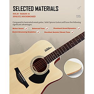 Rosen Solid Top Dreadnought Acoustic Guitar 41 Inches Spruce Guitar Beginner Bundle with Book, Padded Bag, Strings, Picks, Tuner, Hexwrench, Strap, Polishing Cloth, Natural