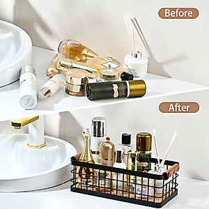 RoleDes Bathroom Organizer Small Metal Wire Storage Basket with Grip, Bathroom Decor Black Basket Wall Mount Organizer Detachable Wood Base Toilet Tank Basket for Bathroom, Vanity, Laundry Room