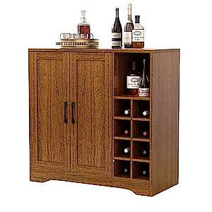 FROMJBEST Wine Bar Cabinet, Coffee Bar Cabinet with 2 Door and Shelf, Glass Holder, Accent Storage Cabinet, Buffet Sideboard for Dining Room, Kitchen (Brown)