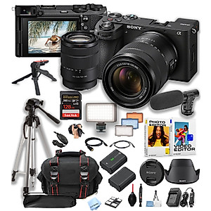 Sony a6700 Mirrorless Camera with 18-135mm Lens + 128GB Pro Speed Memory + Led Video Light + Microphone +Case + Tripod + Software Pack-Pro Video Bundle (Renewed)