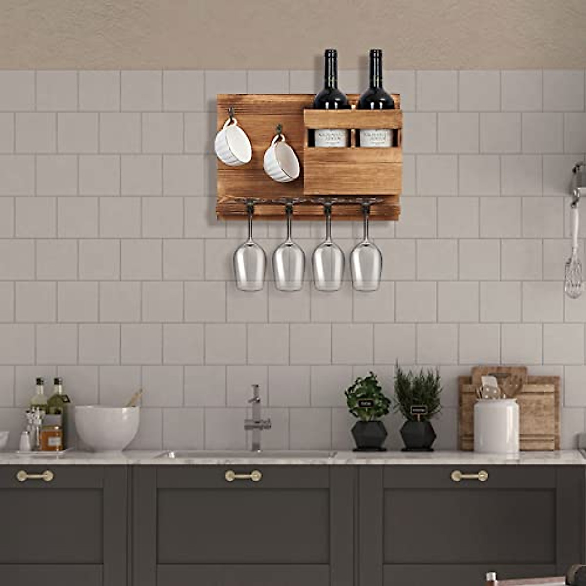 WGFKVAS Wine Rack Wall Mounted with Glass Holder and Cup Hook, Thickened Pine Wood Wine Shelf Rustic Wine Display Storage Rack, Gifts for Wine Lovers, Mother's Day, Birthday