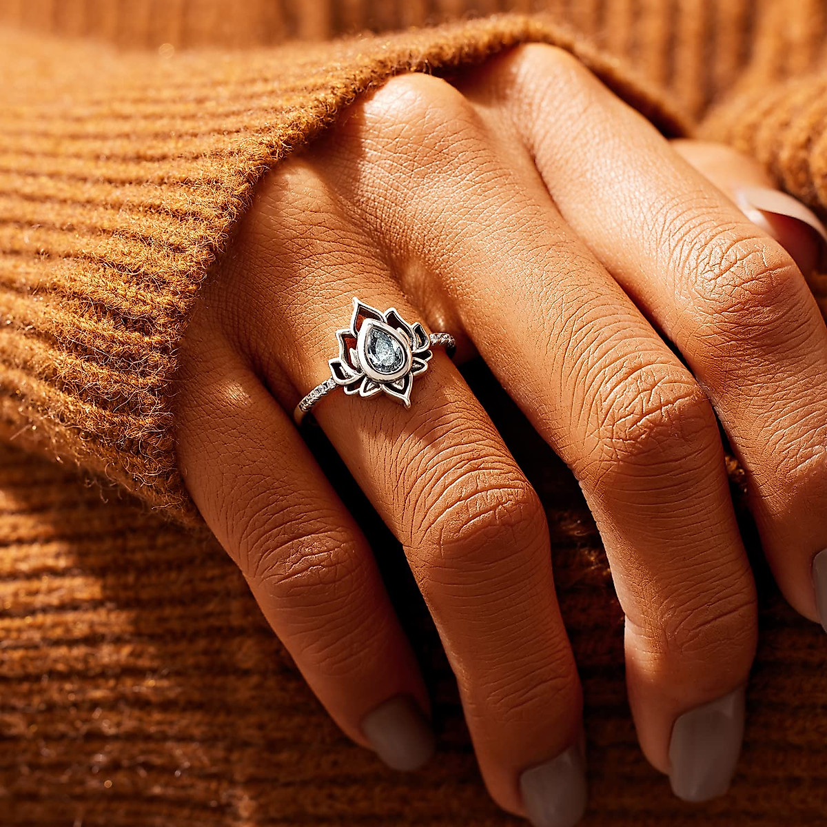 Story Jewellery Sterling Silver Cubic Zirconia Lotus Promise Rings for Women, Dainty Lotus Flower Rings, Inspirational Jewelry Gifts for Her, Birthday Christmas Valentines Gifts (all silver 08)