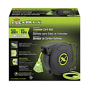 Flexzilla Retractable Extension, 14/3 AWG SJTOW, 50', Grounded Triple Tap Outlet Electric Cord Reel, ZillaGreen, FZ8140503