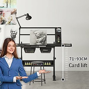 EESHHA Drawing Table Drafting Table Art/Adjustable Glass Drawing Table with 2 Drawers, Art Desk Art Table with Storage, Student Desk Study Desk for Drawing, Painting, Writing and Studying