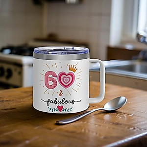60Th Birthday 14 Oz Tumbler For Women, 60 And Fabulous Cup, 1965 Birthday Decorations - Sixty Years Old Gifts For Lady, Mom, Aunt, Grandma, Wife - Funny 60-Year-Old Gift & Birthday Decoration