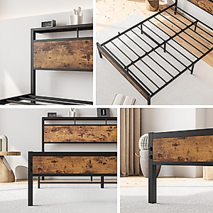 ZGEHCO Full Size Bed Frame with Headboard Storage,Wood Bed Frame with Charging Station,Platform Bed Frame Full Mattress Foundation No Box Spring Needed,Heavy Duty Steel Slat,Black&Brown Oak