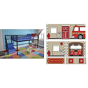 DHP Junior Twin Metal Loft Bed with Storage Steps, Space-Saving Solution, Multifunctional, Black with Blue Steps & Fire Department Design Curtain Set for Junior Loft Bed, Kids Furniture, Blue