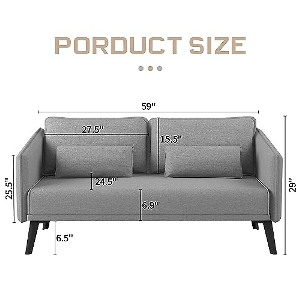 Lonkwa Loveseat Couch Sofa 59", Upholstered Couches for Living Room, Modern Fabric Love Seat, Mid Century 2 Seate Small Sofa with 2 Pillows - Small Space Office Bedroom Apartment, Light Grey