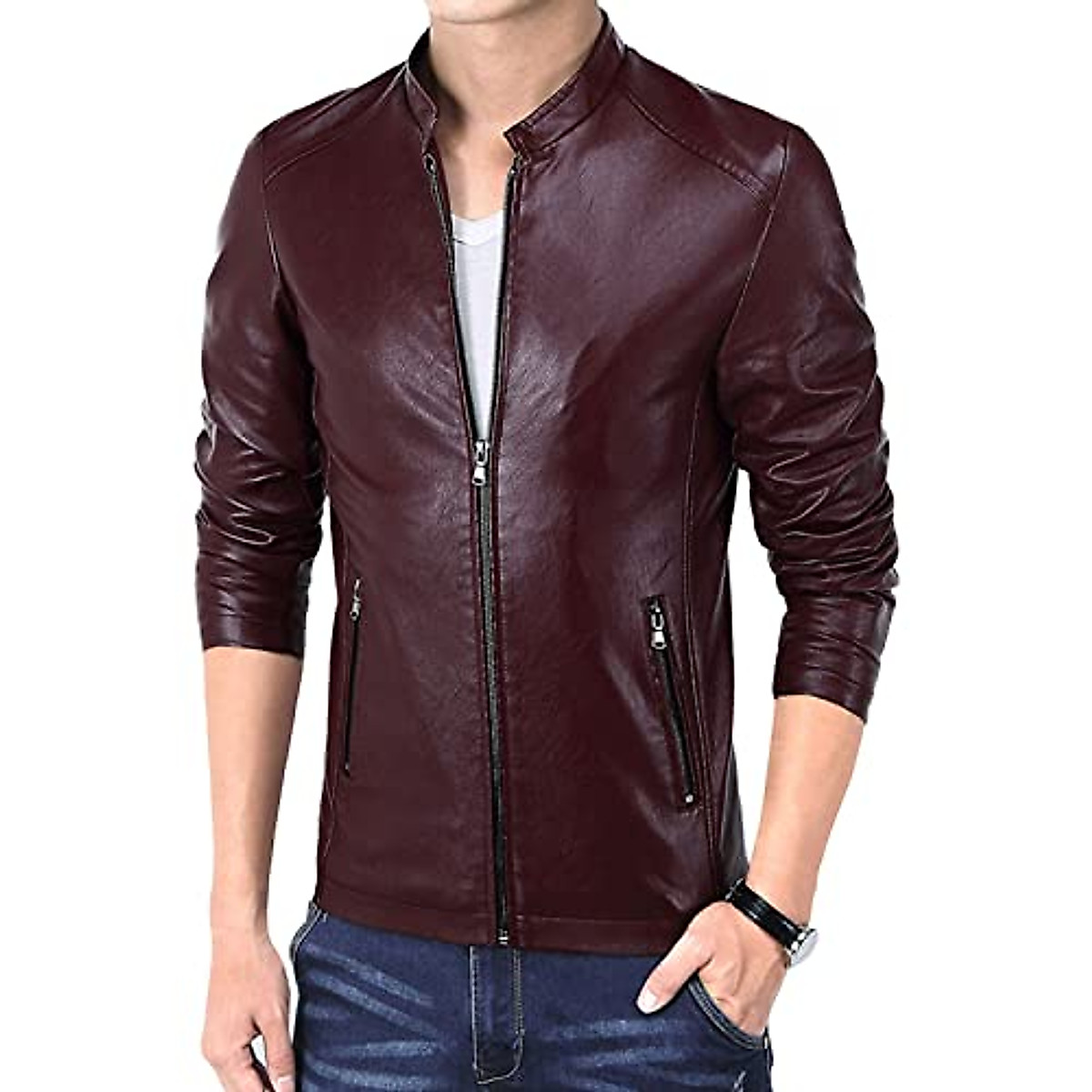 Maiyifu-GJ Men Casual Faux Leather Biker Jacket Stylish Stand Collar Bomber Jackets PU Leather Lightweight Motorcycle Coats (Red Wine,Large)