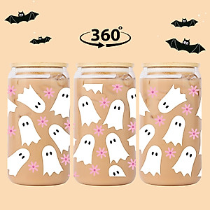 Lovearth Boho Ghost Iced Coffee Cup, 16oz Halloween Glass Cup with Lid and Straw, Ghost Daisy Coffee Tumbler, Fall Cup, Spooky Gifts, Halloween Lover Gifts, Boo Basket Stuffers for Women, Teens