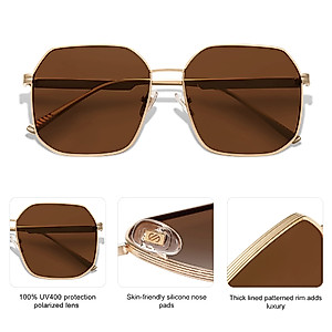 SOJOS Retro Square Polarized Sunglasses for Women Vintage Square Shades UV400 Large Metal Frame SJ1166 with Gold/Brown Lens