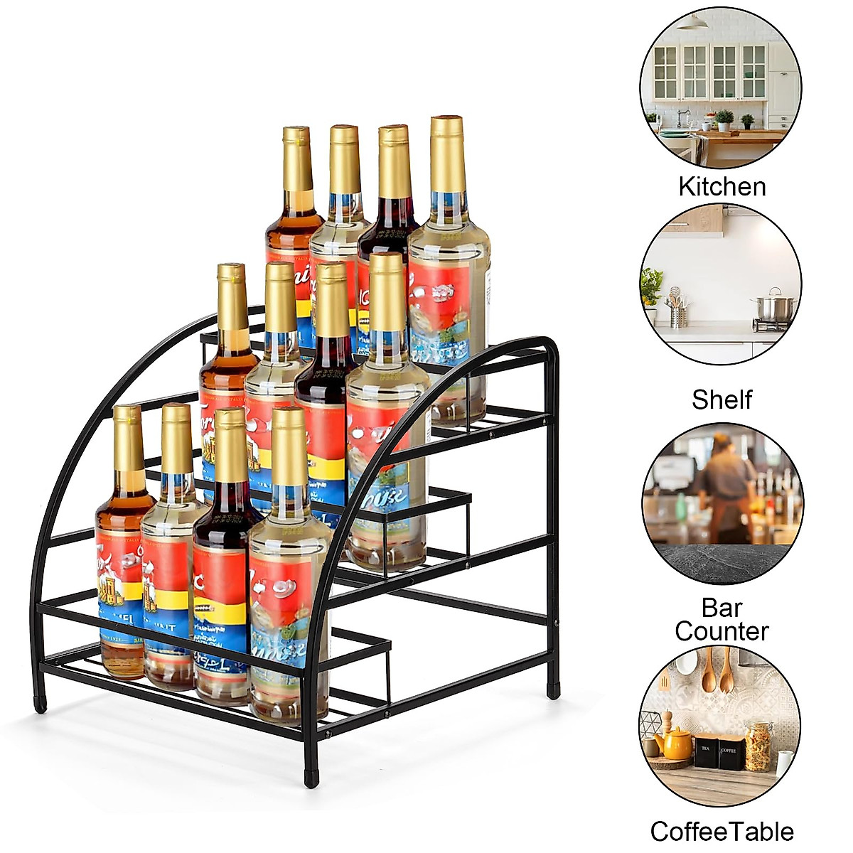 SOUJOY Coffee Syrup Rack Organizer, 9-12 Bottles Wine Holder Stand, 3-Tier Metal Wire Countertop Storage Rack, Freestanding Shelves for Coffee Bar Station, Kitchen, Syrup Wine Dressing Cocktail
