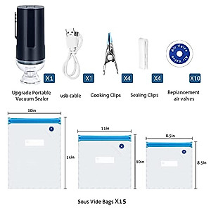 Vacuum Sealer Bags, 35PCS Food Saver Vacuum Sealer Machine Set for Sous Vide Cooking, Handheld Mini Vacuum Sealer with 15 PCS Reusable Sous Vide Bags, 4 Cooking Clips, 4 Sealing Clips & 10 Air Valves