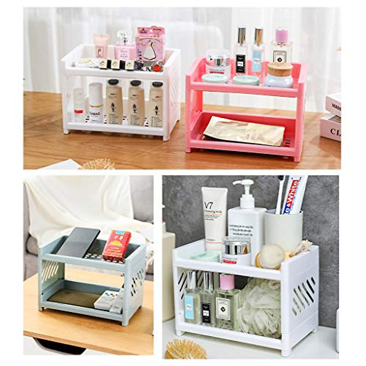 zgs78hh Double Layer Hollow Shelf, Plastic Cosmetics Desktop Finishing Bathroom Accessories Organizer,Storage Rack,2 Tier Shelf Holder, White