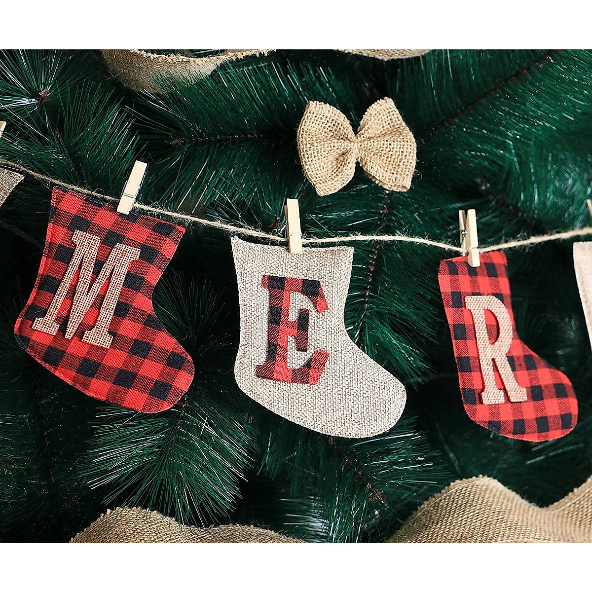 Merry Christmas Banner, Rustic Christmas Tree Ornaments Stocking Decorations, Unique Hand-Sewn Burlap Socks Shaped Christmas Tree Decorations, Stockings for Home Office Party Fireplace Decoration