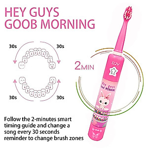 OJV 8620 Musical Electric Toothbrushes for Kids Children, 3 Modes 2 Min Timer, 6 Bristles Rechargeable Power Smart Sonic Music Play Song Toothbrush for Girls Age 3-14 with Wall Mounted Holder (Pink)