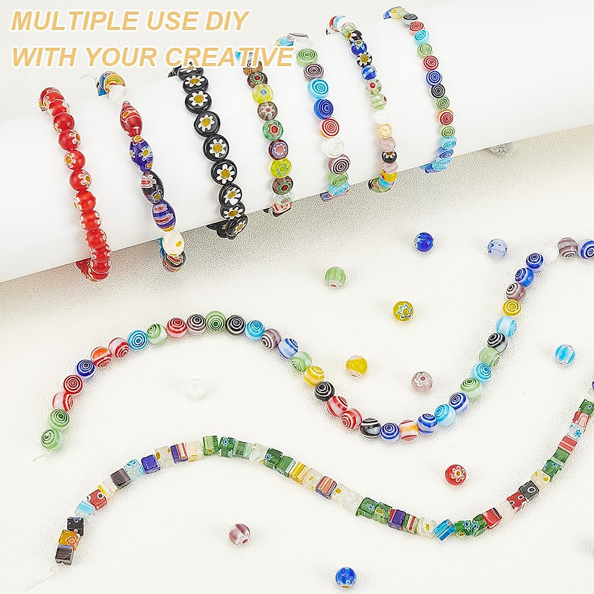 PH PandaHall 10 Strands Assorted Lampwork Beads Random Millefiori Beads Mixed Style Millefiori Lampwork Glass Beads Glass Loose Beads Spacer Beads for Jewelry Making - 13.8"~15.7"