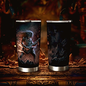 20oz Metal Rock Skull Reaper Electric Guitar Tumbler, Guitarist, Musician Gifts, Coffee Thermos for Men, Stainless Steel Double Wall Vacuum Insulated Coffee Mug, Travel Cup with Lid