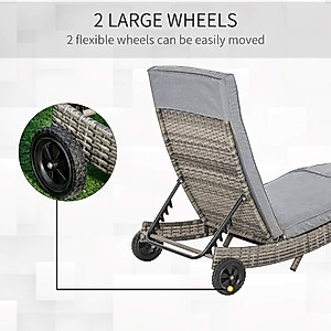 Outsunny Wicker Chaise Lounge Pool Chair, Outdoor PE Rattan Cushioned Patio Sun Lounger w/ 5-Level Adjustable Backrest & Wheels for Easy Movement, Mixed Gray