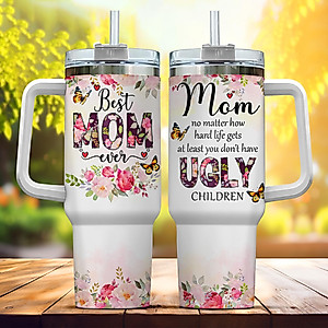 Mom Ugly Children Watercolor Floral, Tumbler 40 Oz With Handle Lid And Straw, Cups Primrose For Yellow Insulated Quartz Heart Handle Simple Modern Rose, Best Mom Ever Gifts