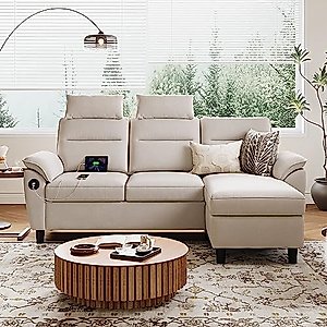 LINSY HOME Sectional Sofa, High Back Sectional Couch with Ottoman, 2 USB and Storage Bags, L Shaped Sofa with Extra Headrests, Small Sectional Sofa Set for Living Room, Apartment, Beige