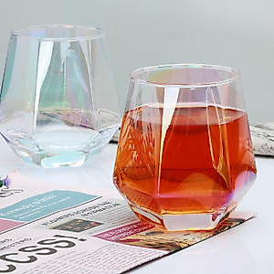 Ufrount Wine Glasses Set of 4,Iridescent Stemless Wine Glasses for Red and White Wine,Geometric 10oz Diamond Shaped Glass Cups for Whiskey,Cocktail,Bourbon,Juice,Water