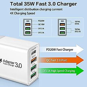 35W USB C Charger Block, 4-Port Upgraded USB Wall Charger USB-C Power Adapter with 2 Pack 10FT Right Angle USB C Cables Compatible for Samsung S22,Google Pixel 7,6,Tablet White