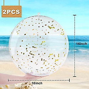 AMOR PRESENT 2PCS Inflatable Beach Balls, Glitter Beach Ball 16 Inch Clear Inflatable Ball with Gold Confetti for Kids Birthday Summer Pool Party