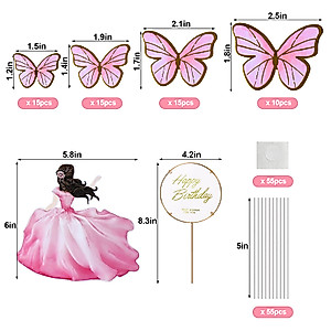 Cadeya Butterfly Happy Birthday Cake Toppers Set, 56 Pcs Butterfly Cake Decorations Party Supplies with 1 Pcs Metal Gold Happy Birthday Cake Topper for Kids Wedding (Pink)