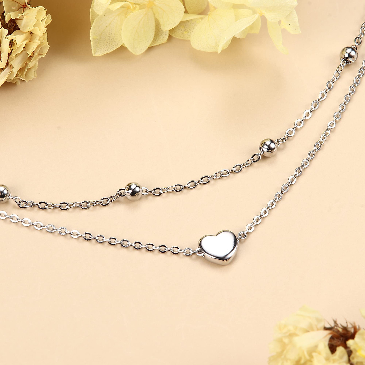 MILACOLATO Anklet for Women 925 Sterling Silver Ankle Bracelet 18K White Gold Plated Heart Beads Layer Ankle Bracelet Ajustable Foot Ankle Bracelet Beach Jewelry, Style F