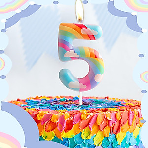 5th Birthday Candles Number 5 Pink Rainbow Birthday Party Cloud Rainbow Theme Adorable Design for Baby Girl Boy Birthday Cake Topper, Graduation Celebration Anniversary Wedding Decorations