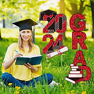 URATOT Red ''2024 GRAD'' Yard Signs Including 4 Pieces Glittering Graduation Yard Signs with 8 Pieces Stakes Party Outdoor Decorations, Waterproof Lawn Decor, Graduation Party Supplies