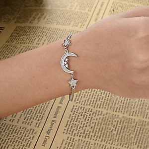 EVER FAITH 925 Sterling Silver CZ Bling Moon and Stars Bracelet Double Chain Clear