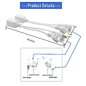 BeElion 5-Pair/10pcs White Passive PoE Injector and Splitter Kits with 5.5x2.1mm DC Connector RJ45 Power Over Ethernet for CCTV Surveillance Camera System