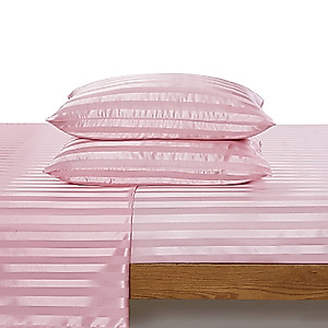 P Pothuiny Queen Satin Bed Linen Set, 6 Pieces Blush Pink Striped, Luxury Bedding with 1 Fitted Sheet, 1 Flat Sheet, 4 Pillowcases