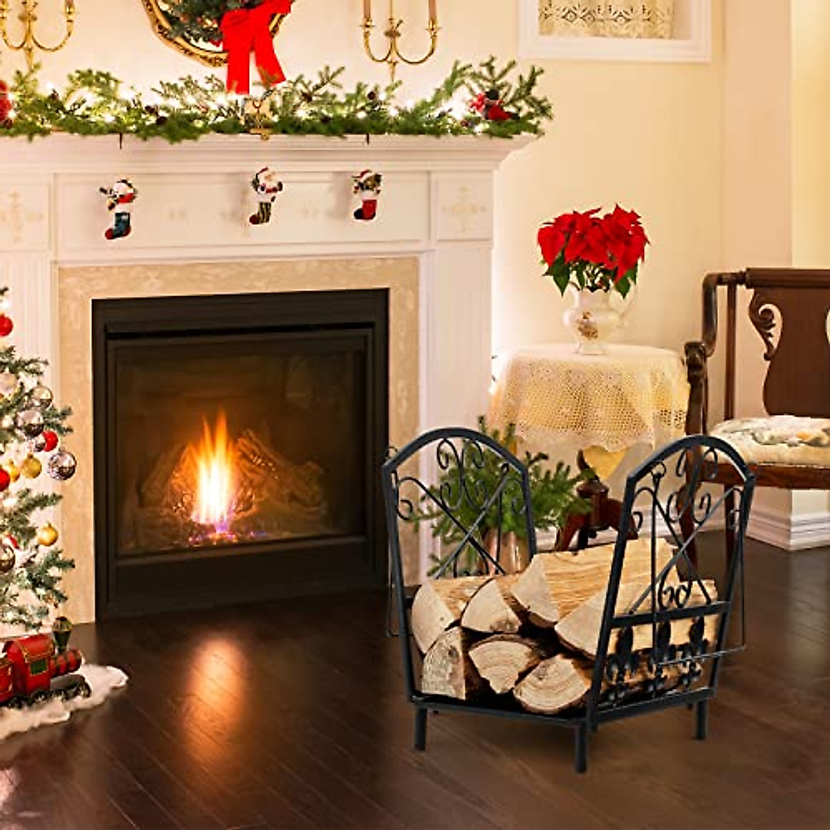 Goplus 14” Small Firewood Rack, Indoor Outdoor Decorative Firewood Storage Carrier Log Rack with Handles, Elegant Patterns & Raised Legs, Heavy Duty Firewood Holder for Fireplace, Fire Pit