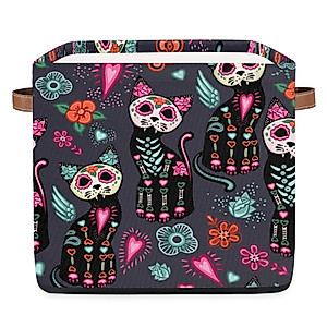 Storage Cube Bin Day Of The Dead Cats Halloween Flowers Large Storage Cube Basket 13×13In, Collapsible Storage Bin with Handles, Fabric Storage Box for Closet Shelves Nursery Toys Home Organization