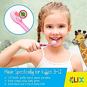 55Dental Kids Toothbrush Set of Soft Giraffe Toothbrush for Kids 3-12. Easy-Grip, Bristle Cover, Self-Standing & Splited Bottom for Cup Rim. by Lix, 4 Colors